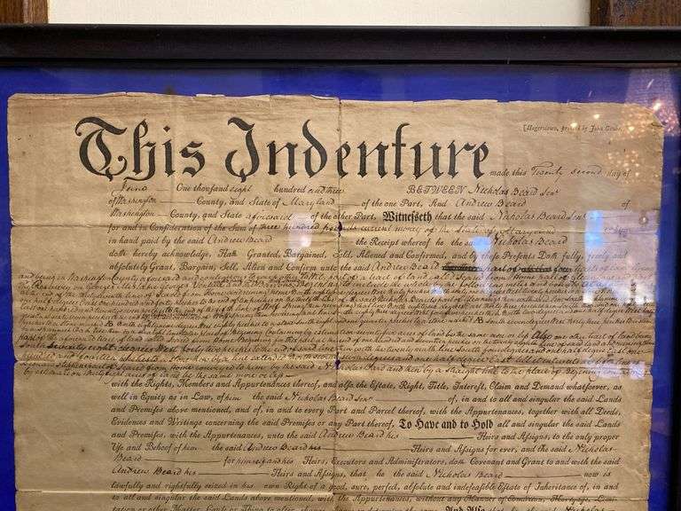 1803 Indenture certificate printed by John Gruber/ Hagerstown, framed ...