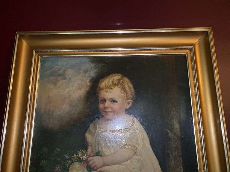 Portrait of blonde child holding flower, signed Mrs. M.B. Settlemyer ...