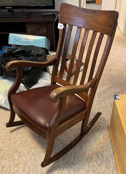 Oak slat back rocking chair w/ upholstered seat - Hurley Real Estate ...