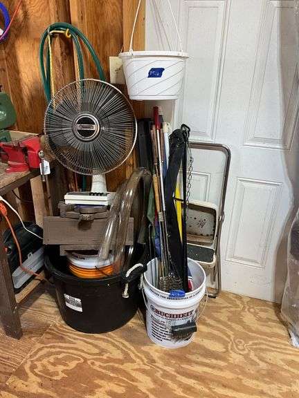 Electric fan, folding step stool, buckets, campfire utensils, misc ...