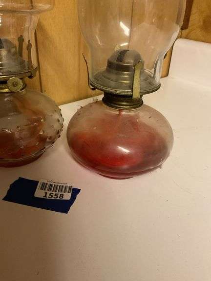 Two glass oil lamps w/ burners and chimneys - Hurley Real Estate & Auctions Two glass oil lamps w/ burners and chimneys - Hurley Real Estate & Auctions