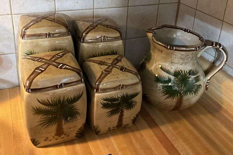 Bora Bora Palm tree motif canister set and pitcher - Hurley Real Estate ...