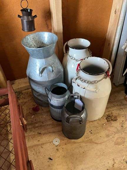 Various milk cans and milk can garland - Hurley Real Estate & Auctions