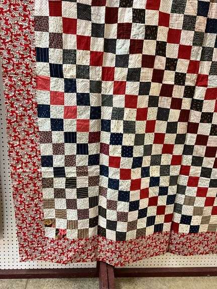 Patchwork block quilt w/ red border 79”x86” - Hurley Real Estate & Auctions