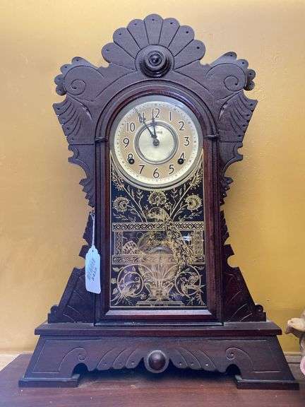 F. Kroeber gingerbread shelf clock case w/ gilt stenciled tablet, has ...