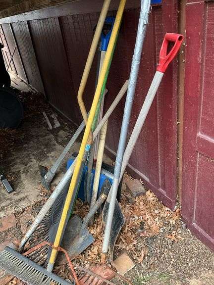 Shovels, garden rake, lawn rake, push broom - Hurley Real Estate & Auctions