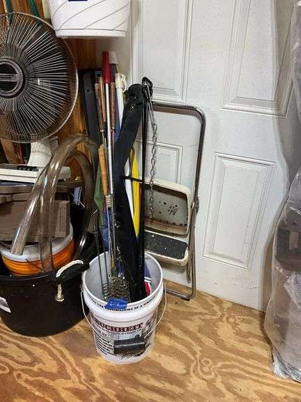 Electric fan, folding step stool, buckets, campfire utensils, misc ...