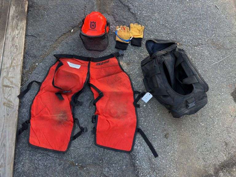 Husqvarna chainsaw safety helmet, echo chaps, gloves, safety glasses ...