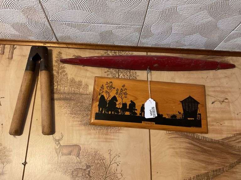 Wall hangings: Slopping Hogs silhouette plaque, and antique implements ...