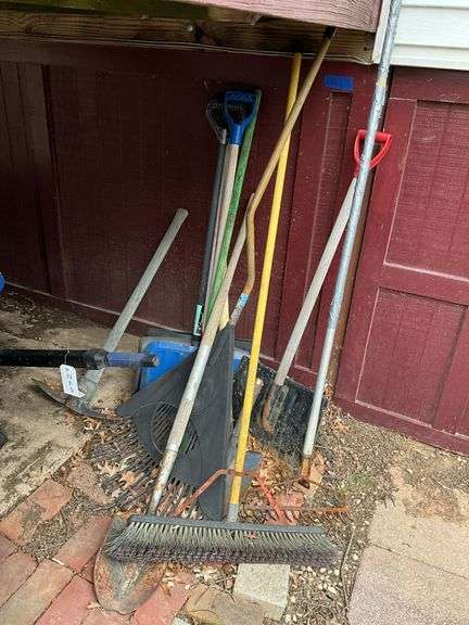 Shovels, garden rake, lawn rake, push broom - Hurley Real Estate & Auctions