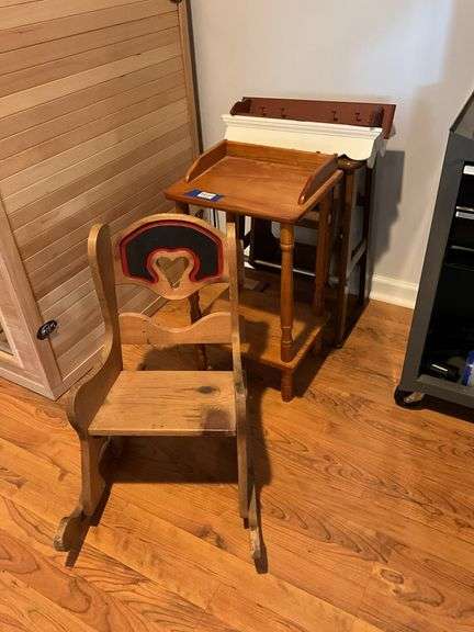 Child's rocker, 2-tier stand, wooden step stool, bracket shelves ...