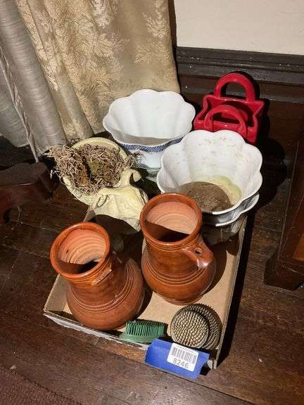 Two redware birdhouses, flower frogs, misc planters - Hurley Real ...