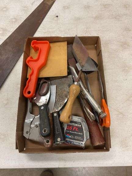 tools, hand saw, putty knives, vise grips, Craftsman tape measure ...
