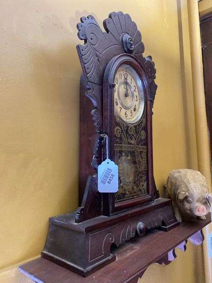 F. Kroeber gingerbread shelf clock case w/ gilt stenciled tablet, has ...