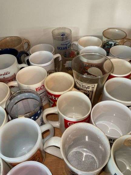 Advertising and decorated mugs collection including: MasterCharge ...