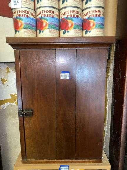 Walnut single door cabinet w/ cast iron latch, and household contents ...