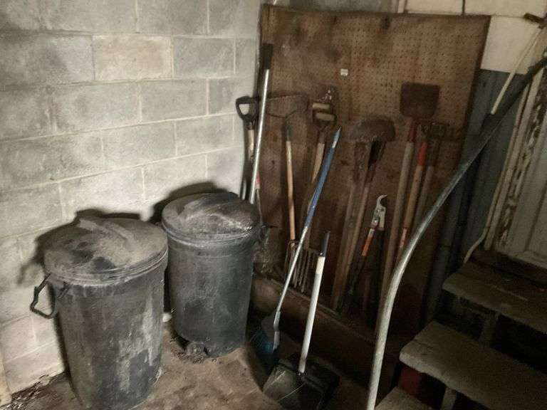 Corner lot: garden tools, two garbage cans - Hurley Real Estate & Auctions