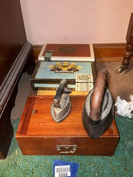 Two sad irons, wooden box, cigar boxes - Hurley Real Estate & Auctions
