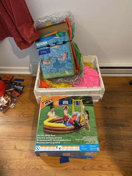 Pirate ship pool in box, Smash-n-Slide, Slip-n-Slide, and pool toys ...