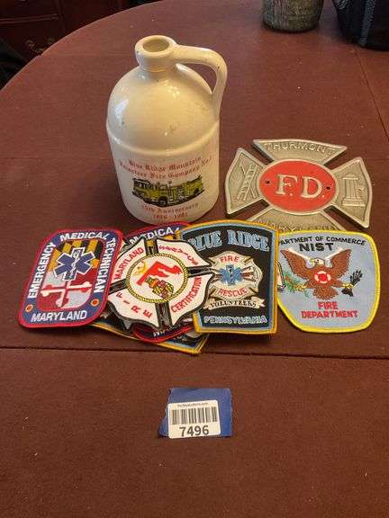Fireman patches, Blue Ridge Mountain Fire Co. souvenir jug, Thurmont ...