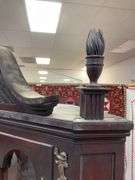 Mixed aesthetic corner cupboard w/ open scroll pediment, flame finials ...