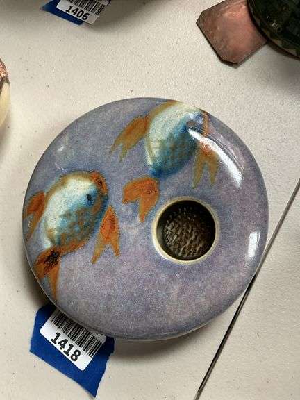 Studio pottery bowl w/ fish decor, has flower frog inside - Hurley Real ...