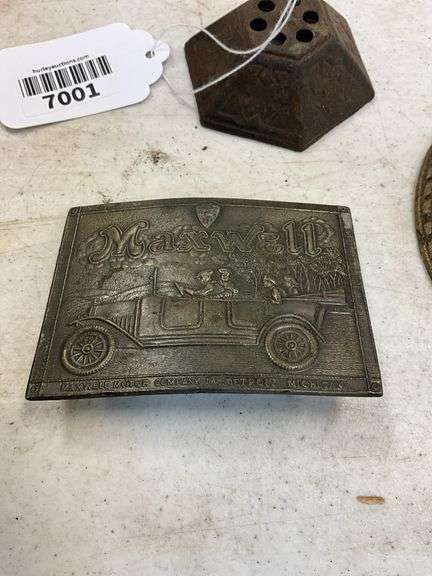 Cast iron hand door knocker, bill spike, Maxwell auto belt buckle ...