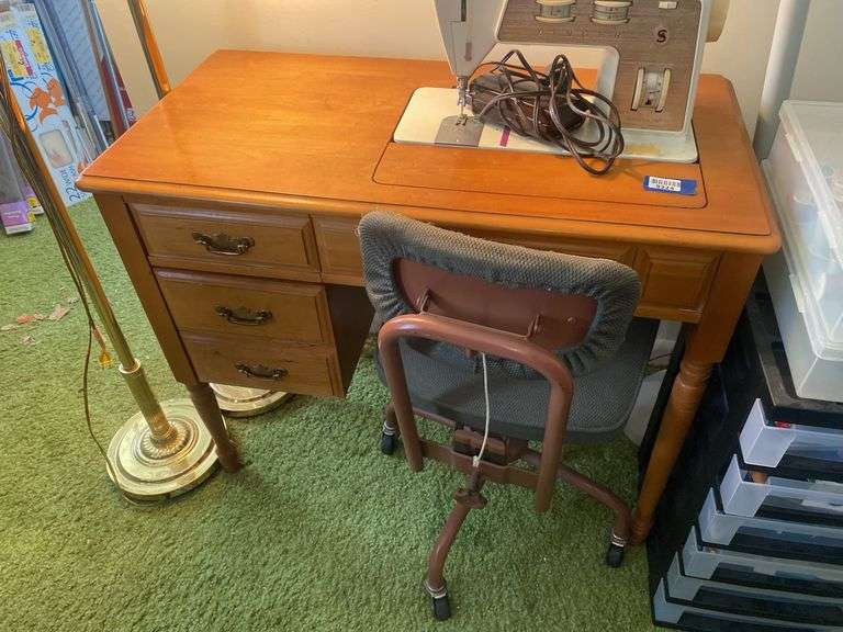 Singer cabinet sewing machine, w/ contents, and chair 35.5x18.5x29 ...