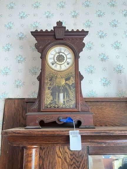 Eastlake shelf clock w/ alarm movement, stenciled glass door, gilt ...