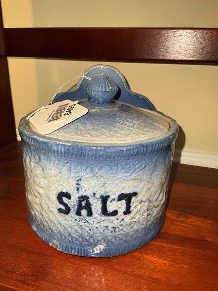 Blue & White stoneware salt crock w/ lid - Hurley Real Estate & Auctions