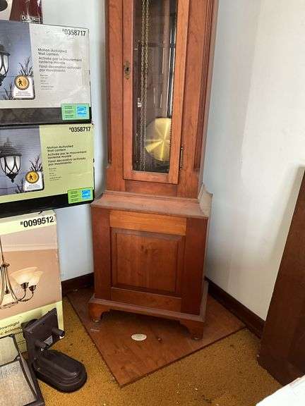 Tall case clock w/ scroll pediment, urn finials, moon phase dial ...