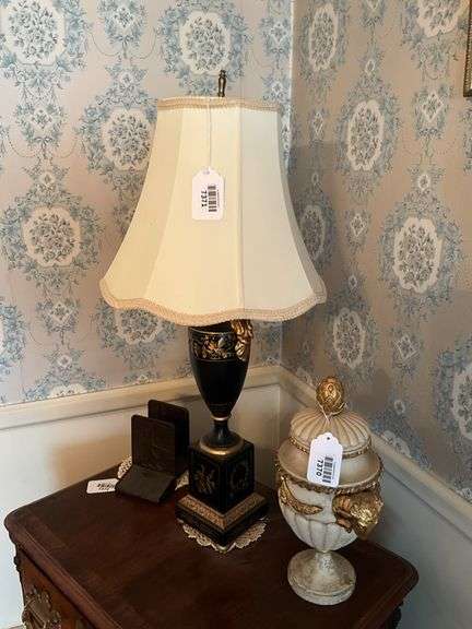 Urn w/ swan handles table lamp, w/ fabric shade - Hurley Real Estate ...