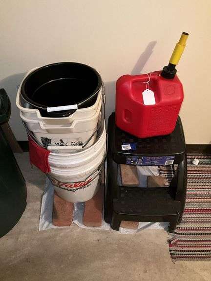 Buckets, 2 gallon gas can and 2 step stool - Hurley Real Estate & Auctions