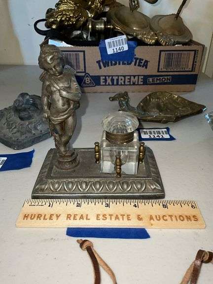 Inkstand w/ cherub figure, cut panel glass inkwell - Hurley Real Estate ...