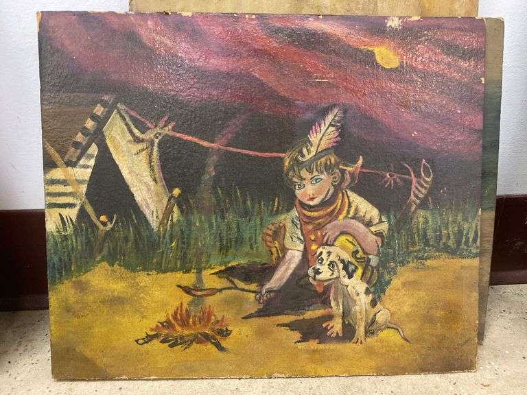Four primitive paintings on board - Hurley Real Estate & Auctions