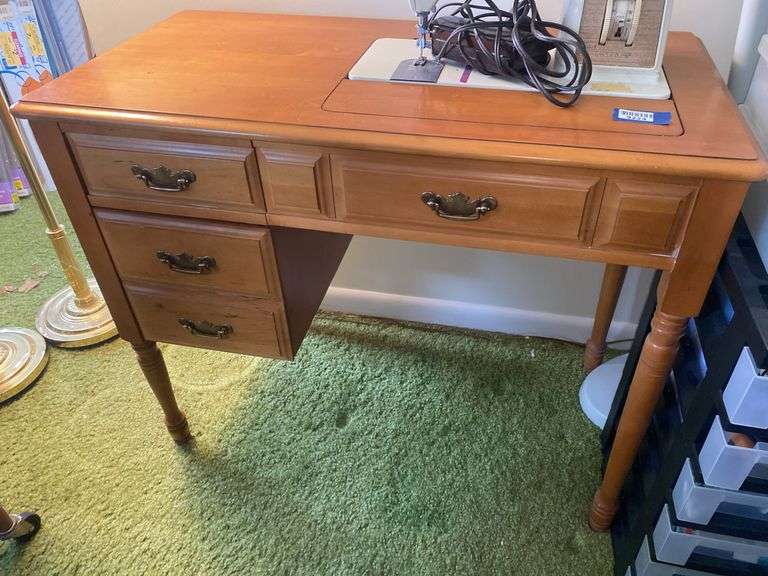Singer cabinet sewing machine, w/ contents, and chair 35.5x18.5x29 ...