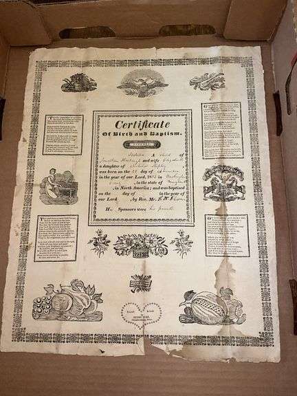 1832 Birth & Baptism Certificate printed by Henry Ruby/ Chambersburg PA ...
