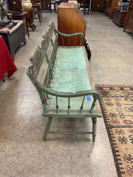 Plank seat Windsor bench w/ angel wing top rail, and half spindle back ...