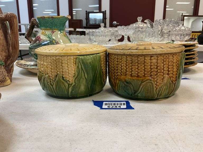 Two corn pattern pottery butter tubs - Hurley Real Estate & Auctions