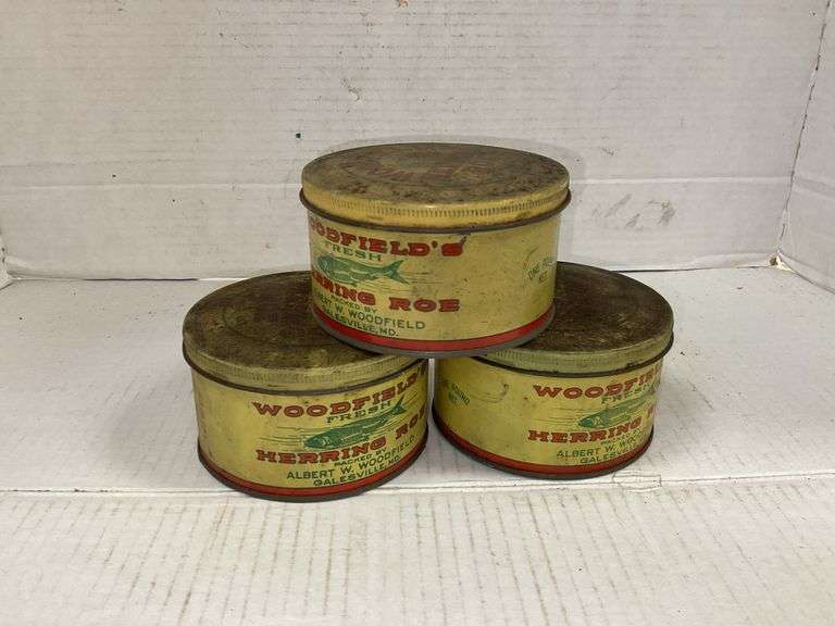 Three Woodfield's Herring Roe advertising tins - Hurley Real Estate ...