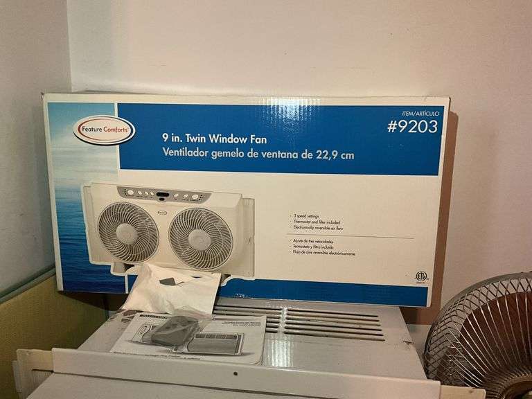 Frigidaire window AC unit, twin window fan in box, two table fans ...