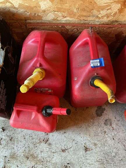 Three plastic fuel cans 1- 2 gal, 2- 5 gal - Hurley Real Estate & Auctions