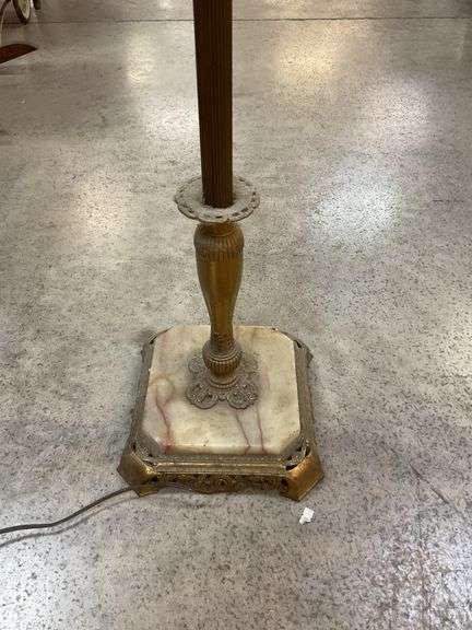 Vintage torchiere floor lamp w/ decorated milk glass shade, has stone ...