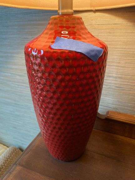 Pottery base table lamp w/ honeycomb texture and red glaze, w/ shade 22 ...