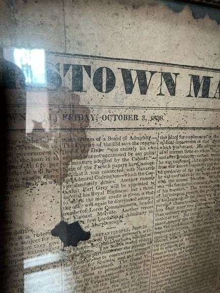 1828 THE HAGERSTOWN MAIL newspaper, framed 25x32.5 - Hurley Real Estate ...