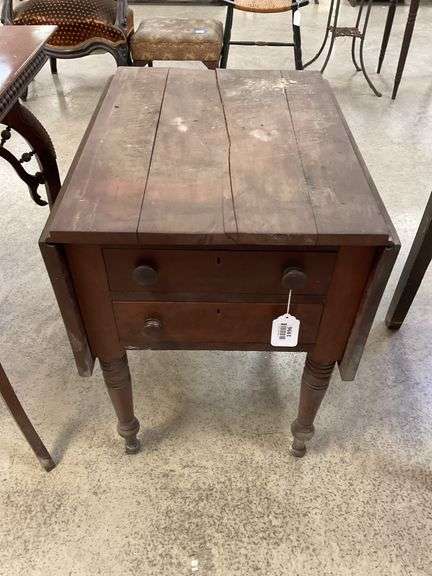 Drop leaf work stand w/ two drawers, turned legs - note splits in top ...