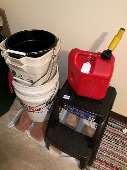 Buckets, 2 gallon gas can and 2 step stool - Hurley Real Estate & Auctions