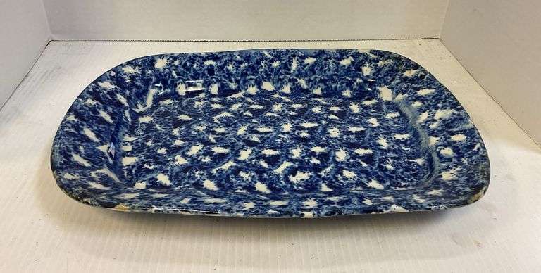 Flow Blue spongeware platter - Hurley Real Estate & Auctions