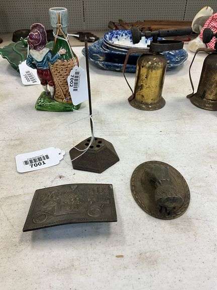 Cast iron hand door knocker, bill spike, Maxwell auto belt buckle ...