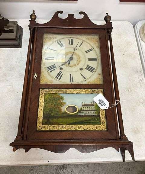Eli Terry Pillar & Scroll shelf clock , brass finials, reverse painted ...